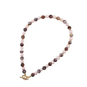 URBANE JEWELRY STUDIO White / Grey / Gold Freshwater Pearl & Botswanan Agate Necklace - White/grey/gold