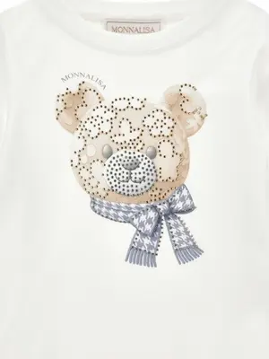 Monnalisa Rhinestone Embellished Bear Print Long Sleeve T-shirt