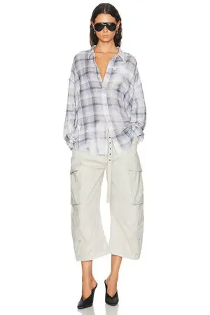 R13 Shredded Seam Drop Neck Shirt - Blue Bleached Plaid