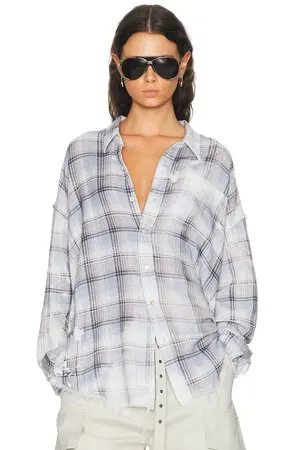 R13 Shredded Seam Drop Neck Shirt In Blue - Blue Bleached Plaid