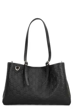 Gucci Gg Emblem Leather Shopping Handbag Media With Magnetic Closure, 30 Cm - Black