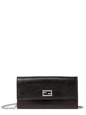 Fendi Continental Tube Wallet With Front Flap, Metal Ff Baguette Logo & Removable Chain Strap - Nero