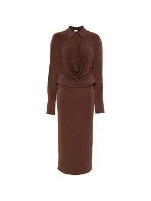 Andamane Pointed-collar Deep V-neck Long-sleeve Dress With Oversized Button Cuffs