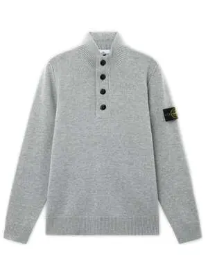 Stone Island Ribbed Wool Sweater With Felt-trim Stand-up Collar And Short Zip Closure - Grigio