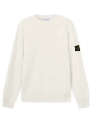 Stone Island Ribbed Virgin Wool Crewneck Sweater With Sleeve Badge - Bianco