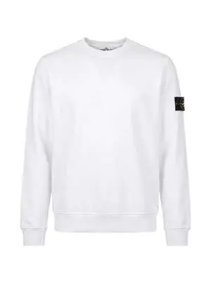 Stone Island Style Cotton Fleece Crewneck Sweatshirt With Left Sleeve Badge - Bianco