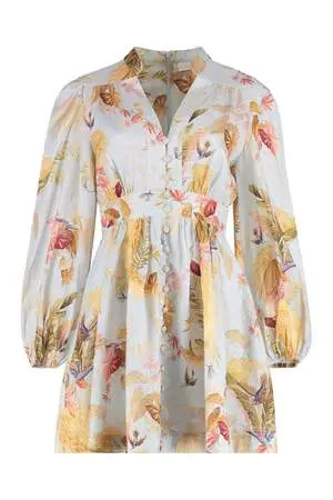 Zimmermann Ascension Plunge Printed Linen Dress With Balloon Sleeves - Multicolor