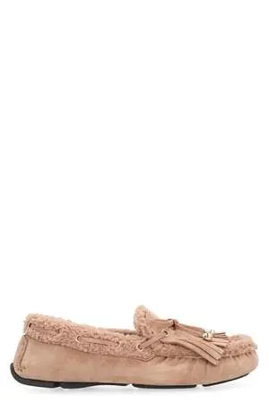 JIMMY CHOO Suede Shearling Lined Moccasins With Metal Eyelets - Brown