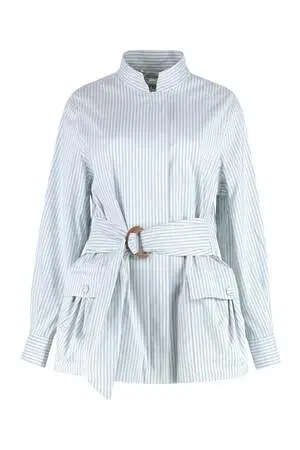 Fendi Belted Cotton And Silk Blend Jacket With Drawstring Waist - Light Blue