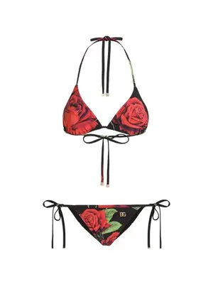 Dolce & Gabbana Rose Print Triangle Bikini Set - Black