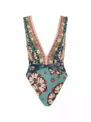 Agua Bendita Ellis Floral-print Plunge Swimsuit - Blue