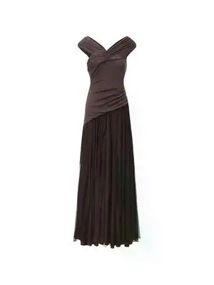 ELYWOOD Off-shoulder Ruched Maxi Dress - Brown