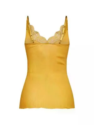Saint Laurent Ribbed Silk Lace Trim Tank Top - Yellow
