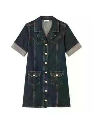 GANNI Textured Denim Mini Dress With Contrast Stitching - Blue