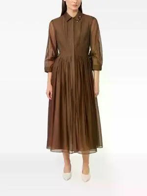 Max Mara Pleated Sheer-sleeves Midi Dress - Brown