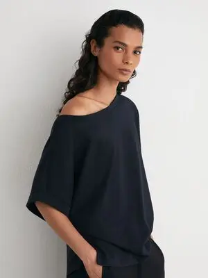 REISS Sia Cotton Off-shoulder T-shirt - Navy