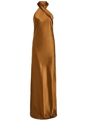 Galvan Pandora Scarf-neck Satin Gown - Brown