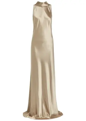 Galvan Sienna Scarf-neck Satin Gown - Beige