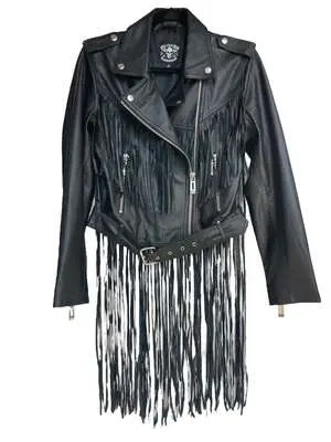 ANY OLD IRON Black Leather Super Fringe Moto Jacket