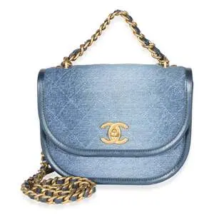 CHANEL Blue Quilted Denim Small Messenger Flap Bag