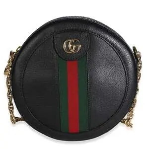 Gucci Black Textured Calfskin Web Mini Ophidia Round Bag Black