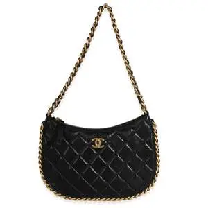 CHANEL Black Shiny Quilted Lambskin Small CC Chain Around Hobo