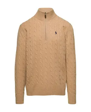 Polo Ralph Lauren Cable-knit Quarter-zip Jumper With Embroidered Pony - Nude
