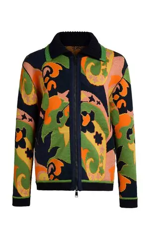 Etro Zipped Knit Cardigan With Collared Neckline And Printed Pattern - Multi