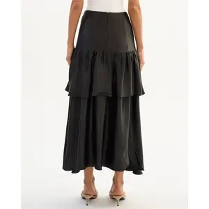 LAMARQUE Chalina | Ruffle Satin Midi Skirt - Black