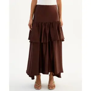 LAMARQUE Chalina | Ruffle Satin Midi Skirt - Brown