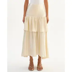LAMARQUE Chalina | Ruffle Satin Midi Skirt Cream