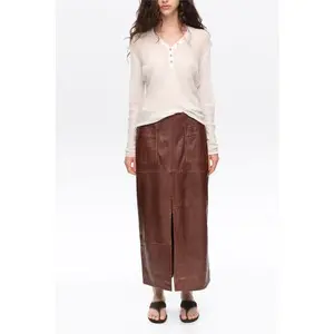 Bimba Y Lola Washed Leather A-line Midi Skirt - Brown