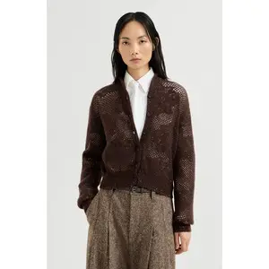 Brunello Cucinelli Lace Flowers Cardigan In Sparkling Mohair And Virgin Wool - Brown
