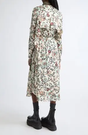 Sacai Floral Print Long Sleeve Cotton Shirt Dress With Contrast Trim