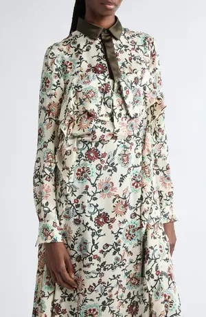 Sacai Floral Print Long Sleeve Cotton Shirt Dress With Contrast Trim