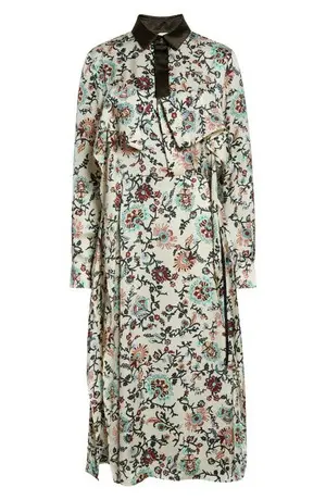 Sacai Floral Print Long Sleeve Cotton Shirt Dress With Contrast Trim