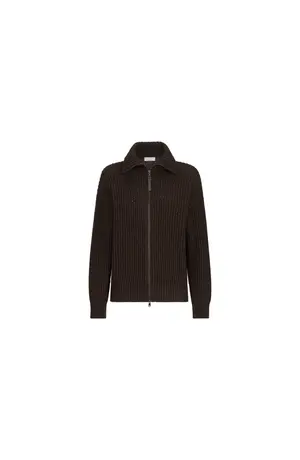 Brunello Cucinelli Ribbed Zippered Cardigan With Sequin Embellishments - Coffee