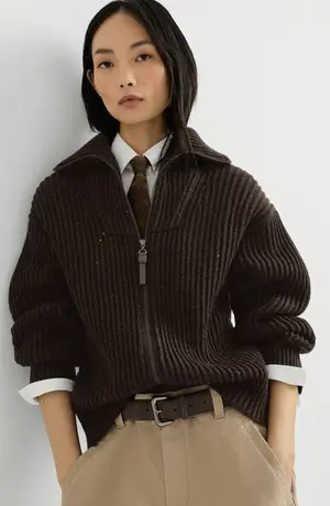 Brunello Cucinelli Ribbed Zippered Cardigan With Sequin Embellishments - Coffee