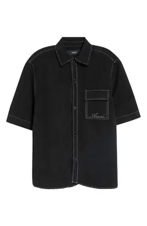 Amiri Script Garment Dyed Short Sleeve Linen Blend Button-up Shirt - Black