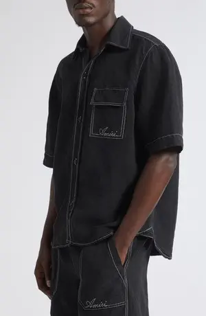 Amiri Script Garment Dyed Short Sleeve Linen Blend Button-up Shirt