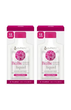YOUTHEORY Vitamin B12 B6 Daily Energy And Brain Support Supplement Liquid Raspberry 12 Count 1oz - None