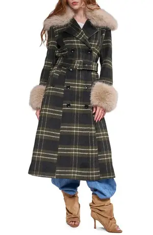 AZALEA WANG Avenna Plaid Faux Fur Trim Trench Coat - Green Multi