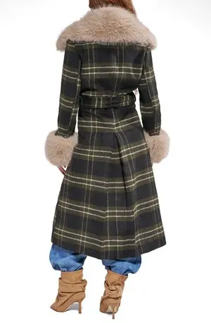 AZALEA WANG Plaid Faux Fur Trim Trench Coat