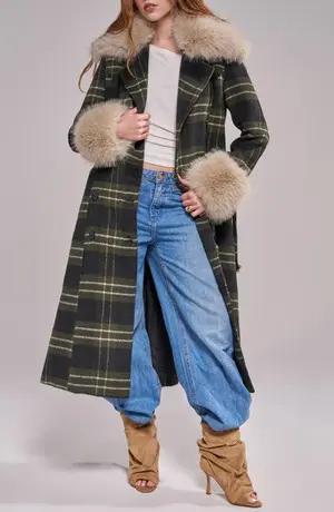 AZALEA WANG Plaid Faux Fur Trim Trench Coat
