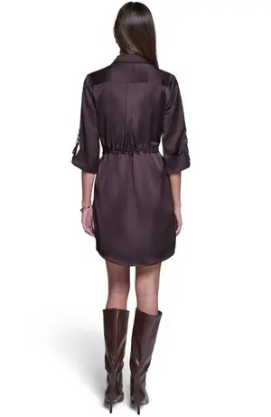 Halston 3/4 Sleeve Satin Shirt Dress - Rich Mocha