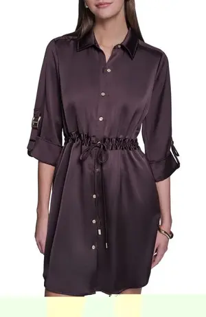 Halston 3/4 Sleeve Satin Shirt Dress - Rich Mocha