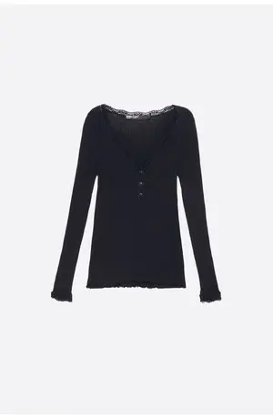Bimba Y Lola Ribbed V-neck Lace Trim T-shirt