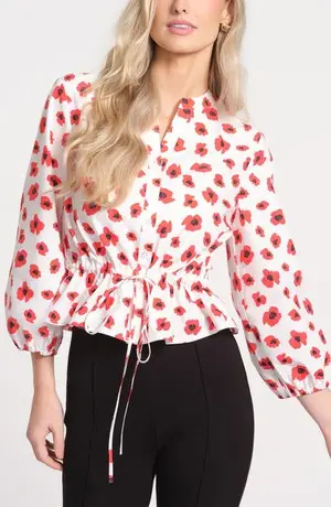 ISAAC MIZRAHI NEW YORK Poppy Print Cotton Balloon Sleeve Shirt - Red Multi