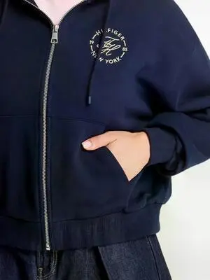 Tommy Hilfiger Logo Embroidered Regenerative Cotton Zip-up Hoodie - Blue