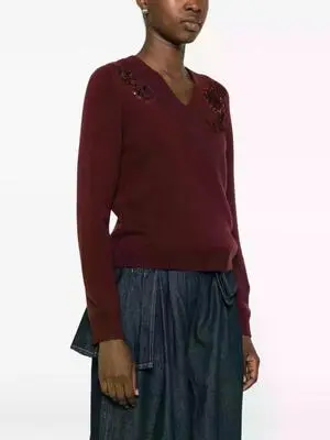 SELF-PORTRAIT Sequin-embellished Floral-patch V-neck Sweater - Red